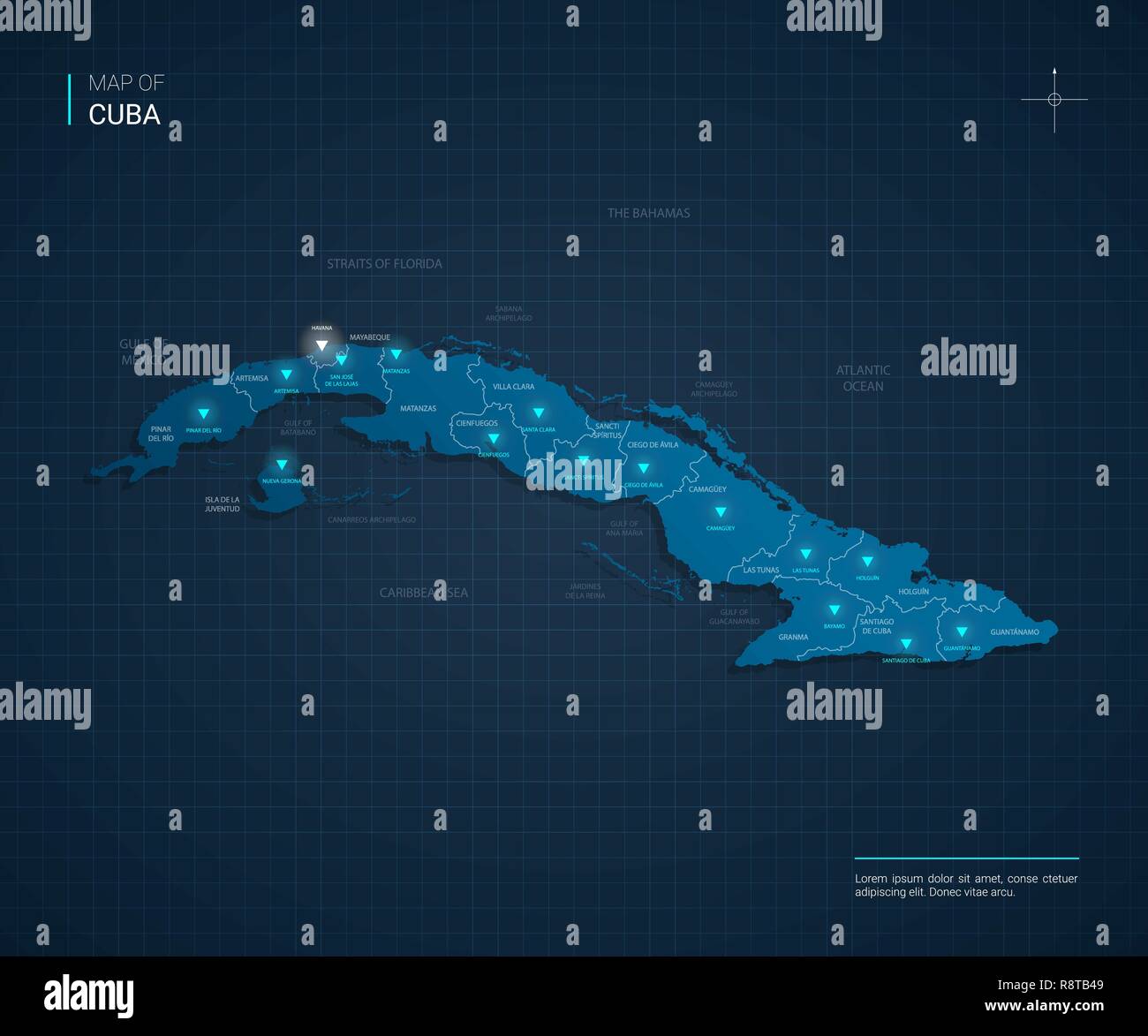 Vector Cuba map illustration with blue neon lightpoints - triangle on ...