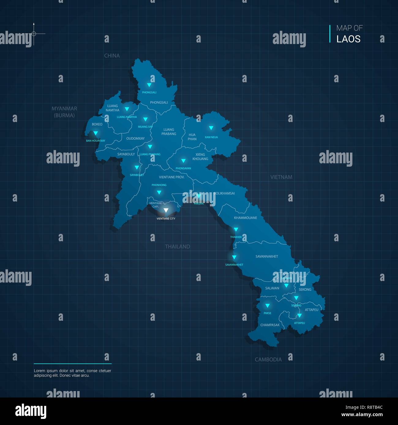 Vector Laos map illustration with blue neon lightpoints - triangle on ...