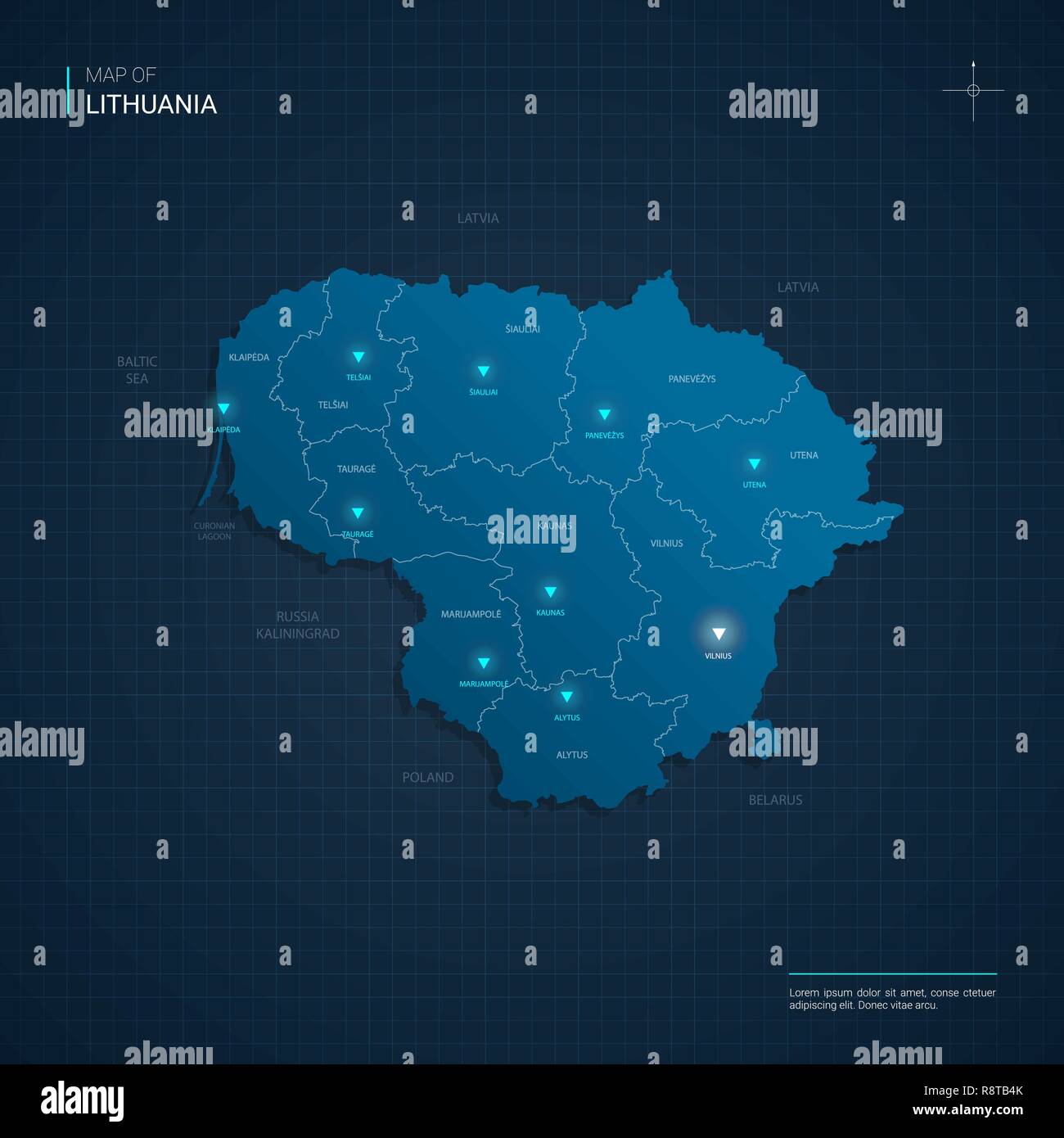 Vector Lithuania map illustration with blue neon lightpoints - triangle ...