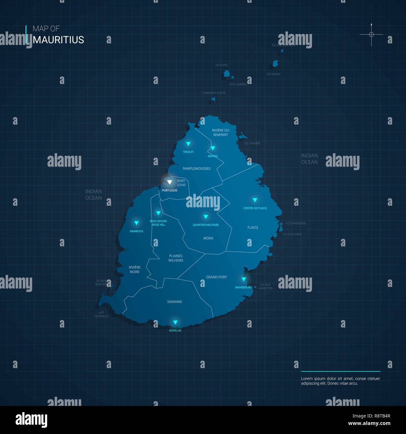Vector Mauritius map illustration with blue neon lightpoints - triangle ...