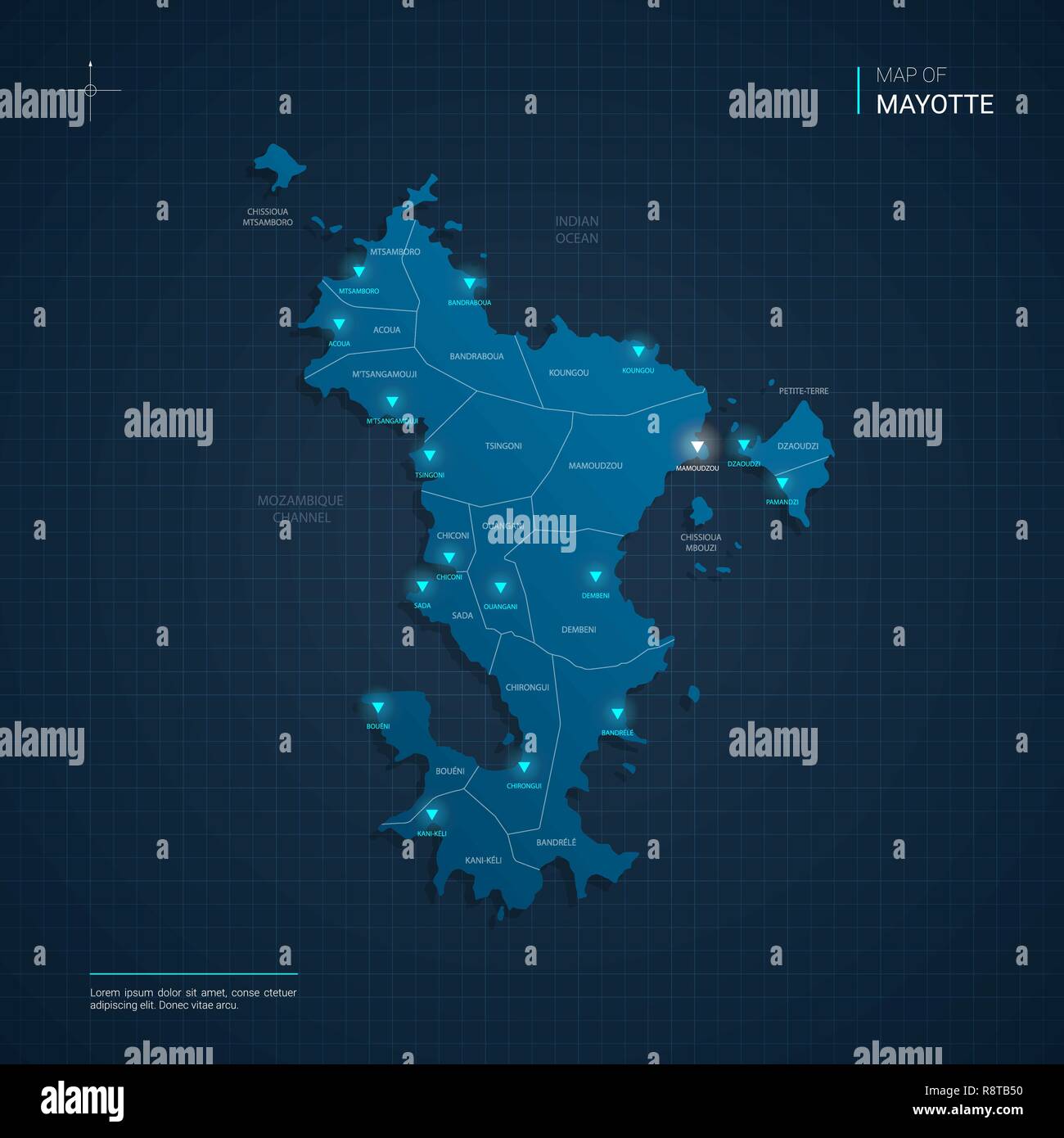 Vector Mayotte map illustration with blue neon lightpoints - triangle ...