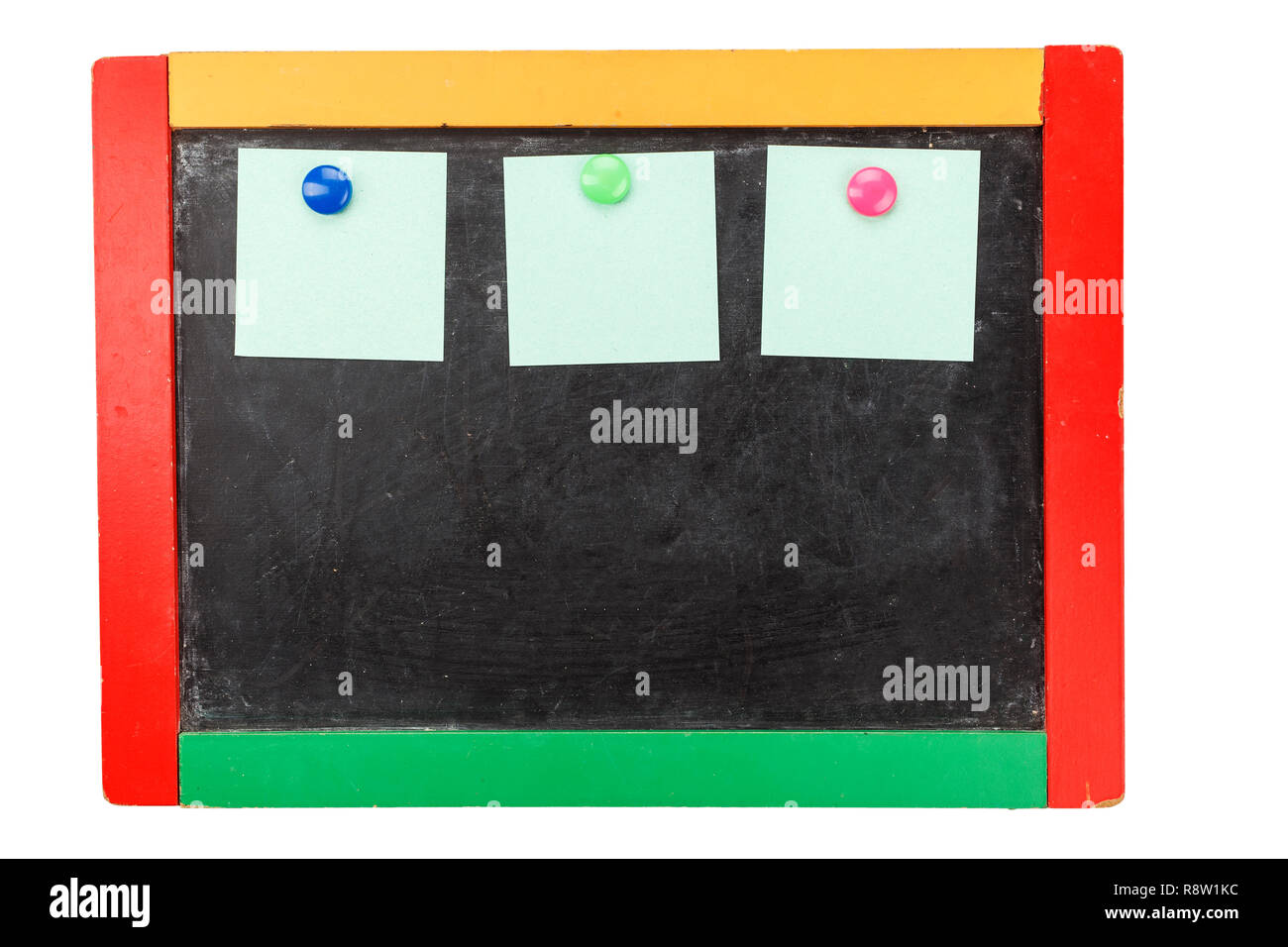 paper reminders on a black board. isolated on white background Stock ...