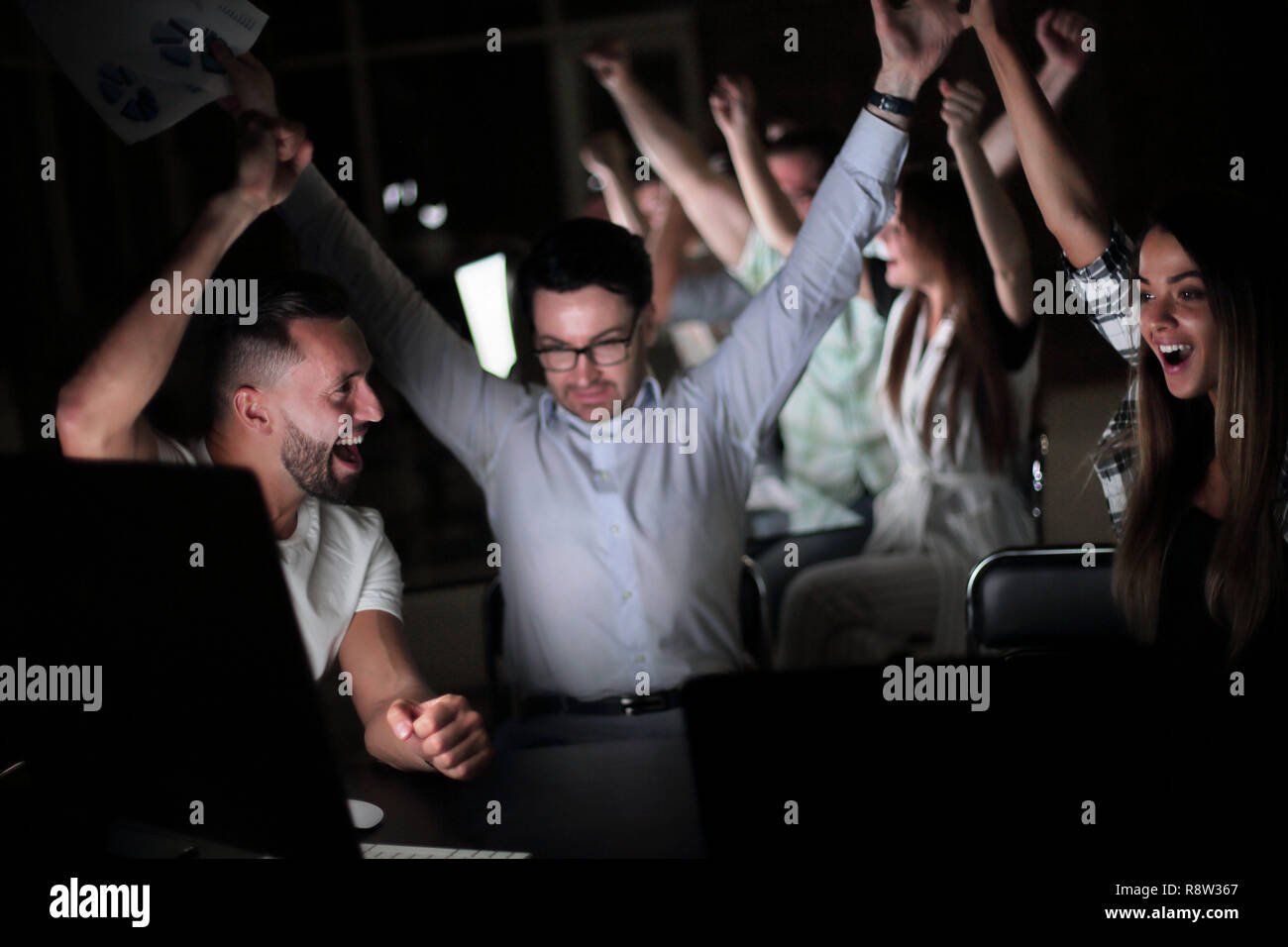 Triumphant team group businesspeople hi-res stock photography and ...
