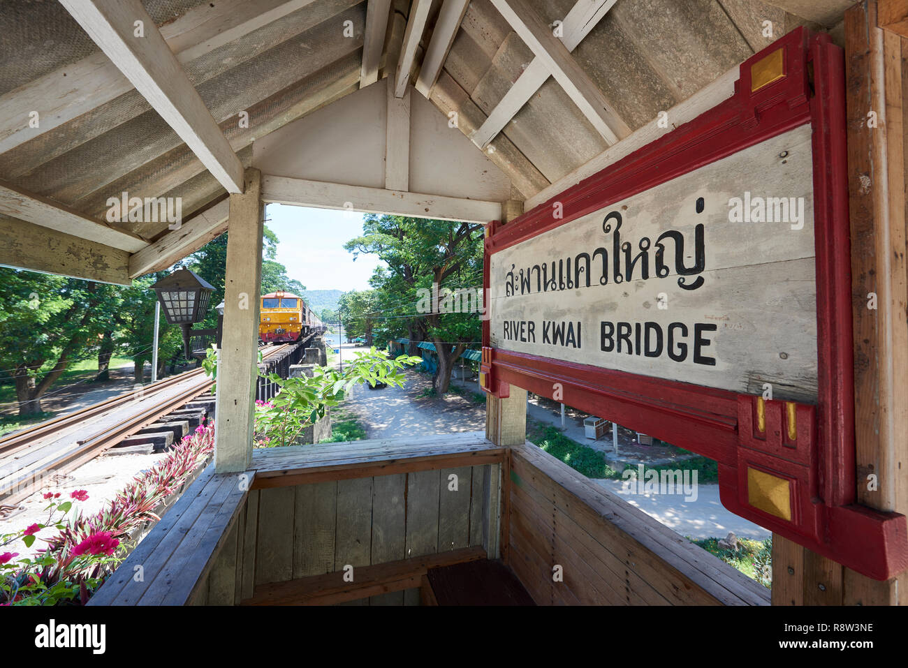 Old waiting gazibo of the Siam-Burma Railway over River Kwai in ...