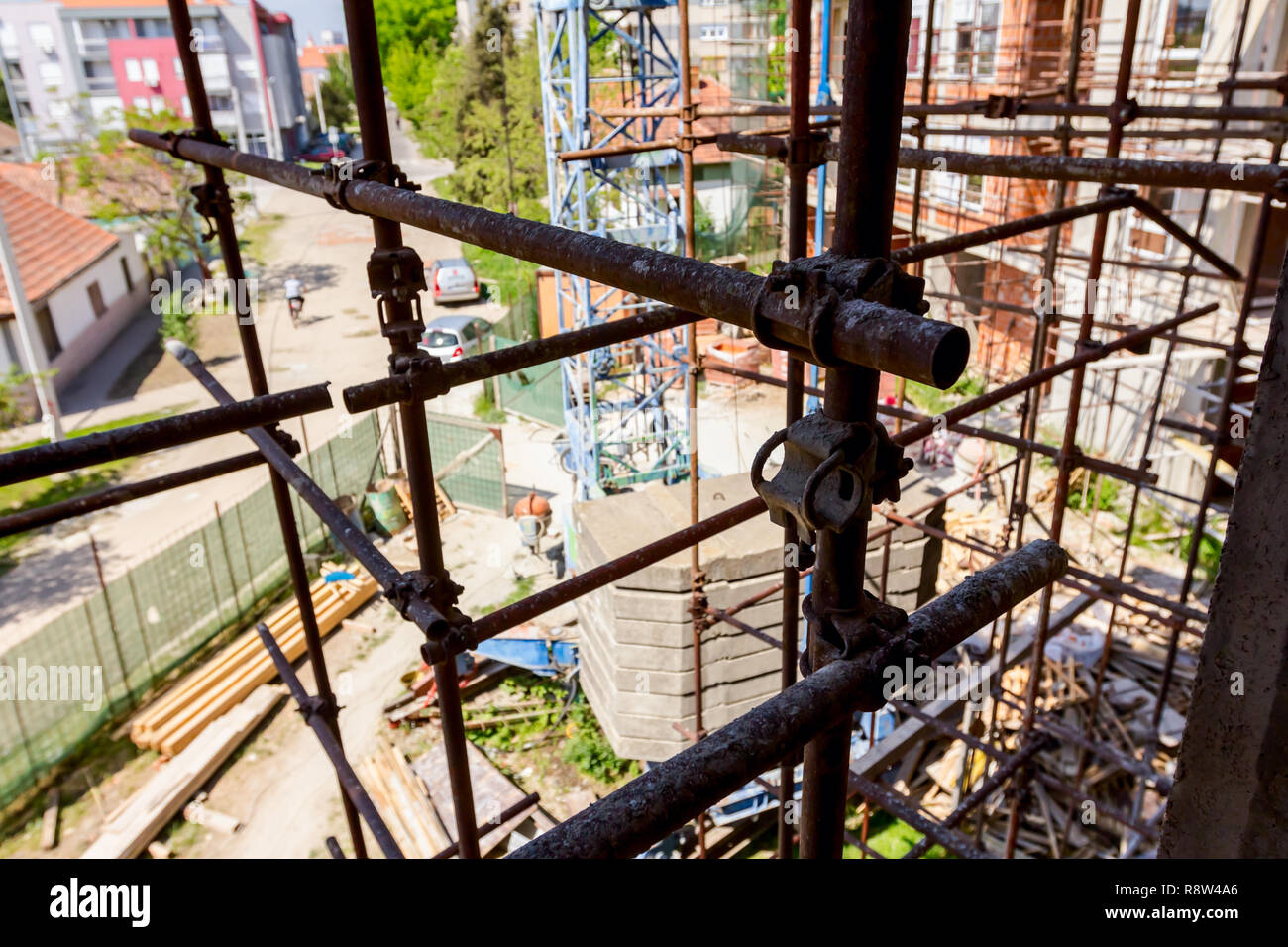 Scaffold is placed against edifice, building under construction Stock ...