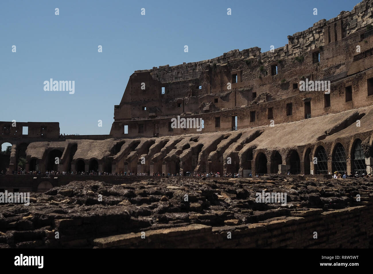 View inside the colosseum, Rome, Italy, with crowds of tourists and ...