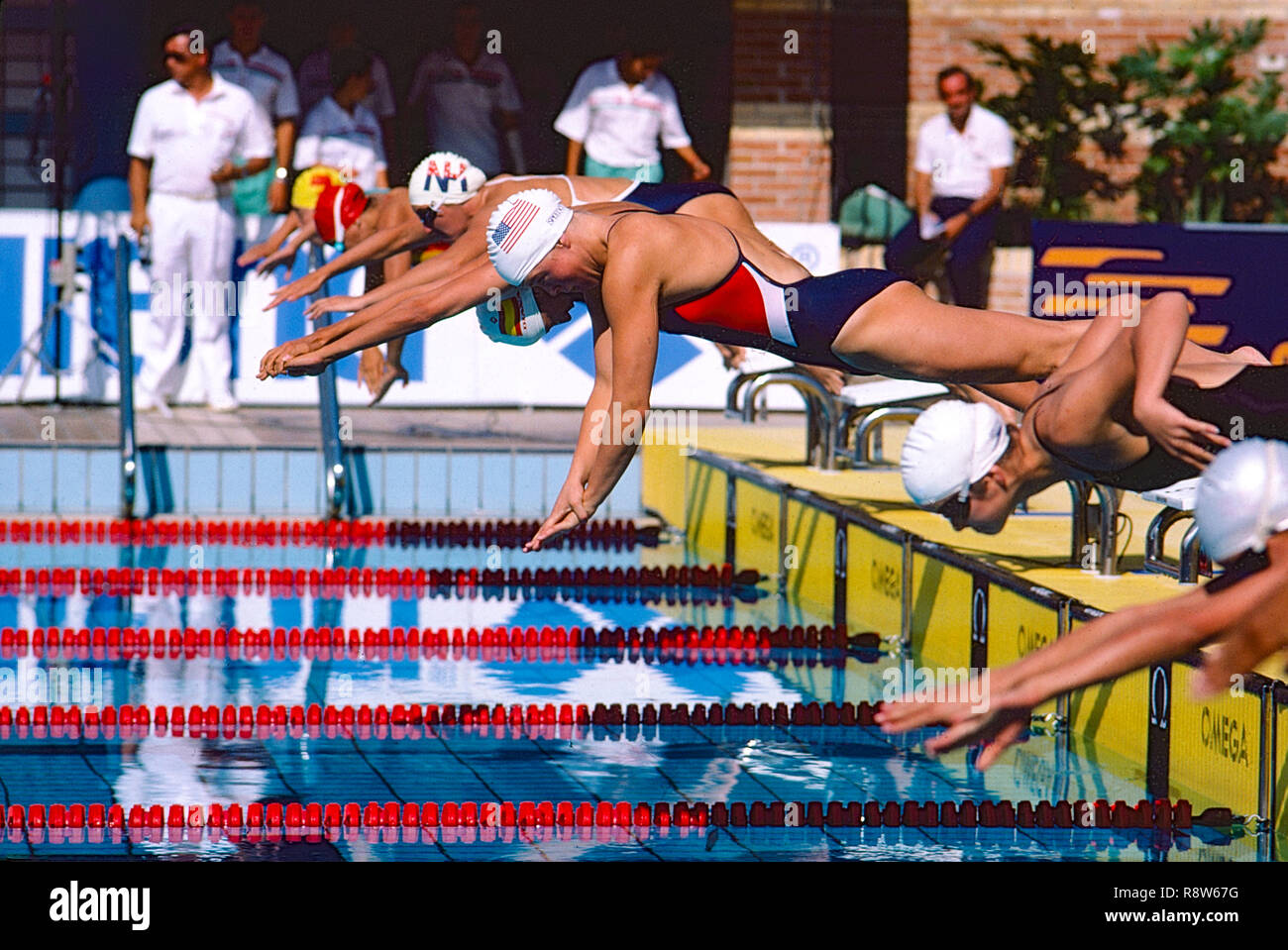 Swimmers at start of race Stock Photo - Alamy
