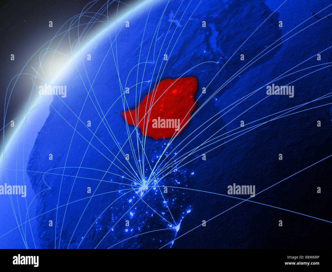Zimbabwe on model of green planet Earth with international networks. Concept of blue digital ...