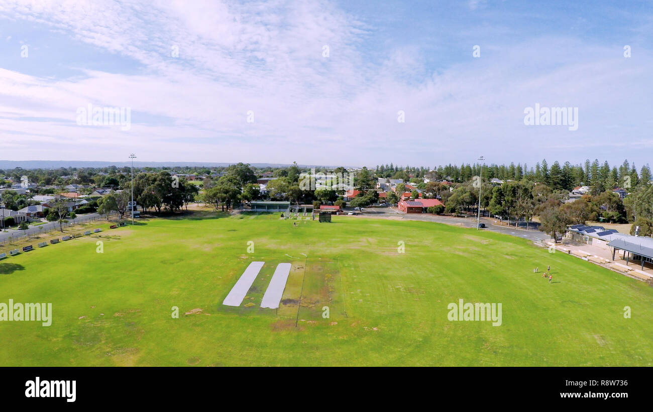 Drone aerial view of Australian public park and sports oval field ...