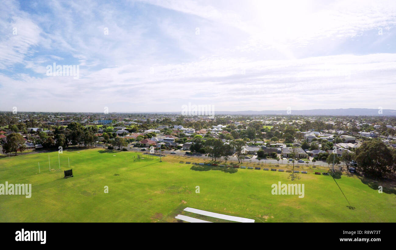 Drone aerial view of Australian public park and sports oval field ...
