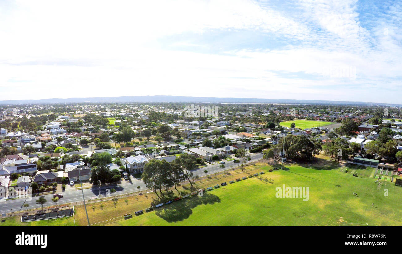 Drone aerial view of Australian public park and sports oval field ...