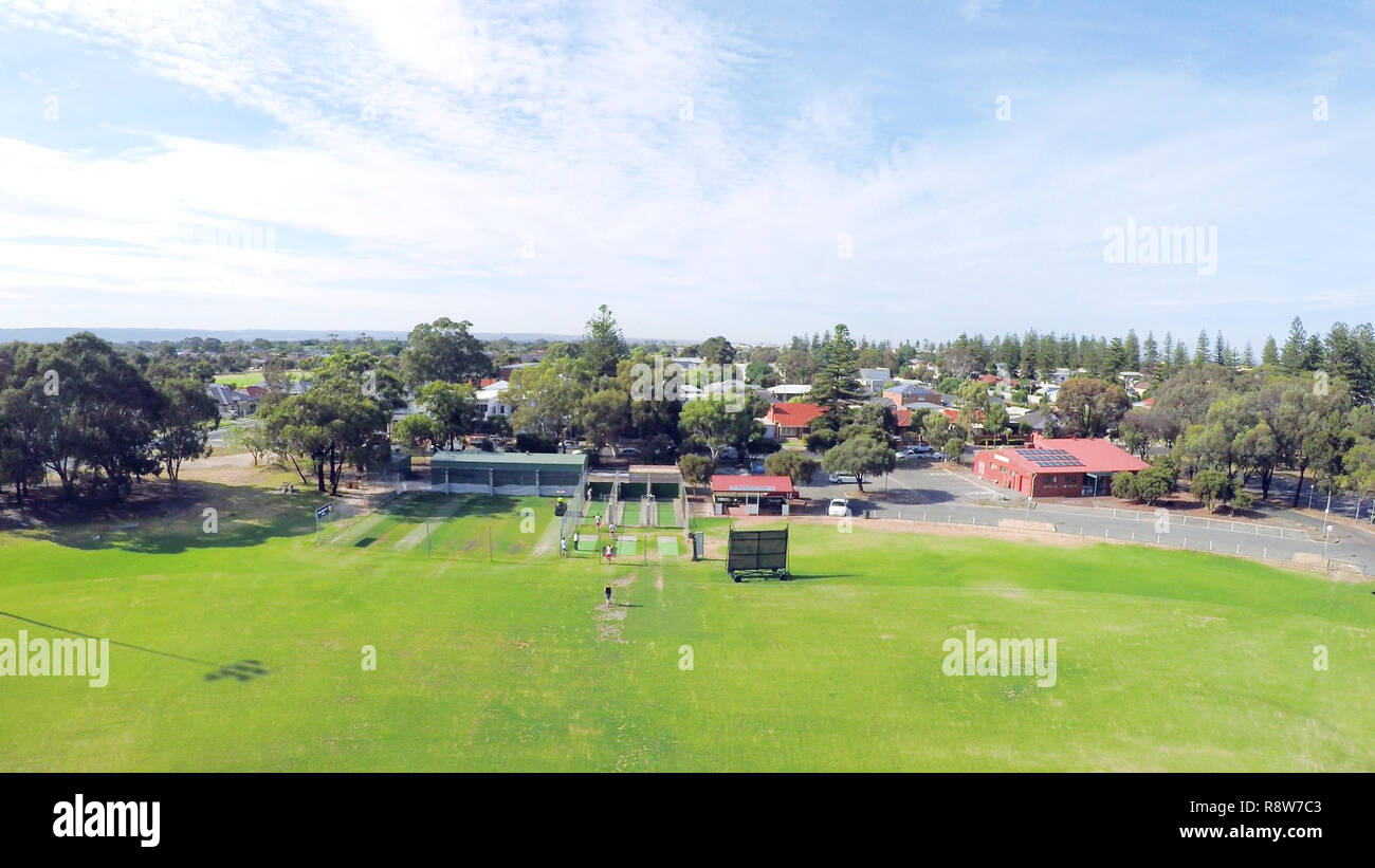 Drone aerial view of Australian public park and sports oval field ...