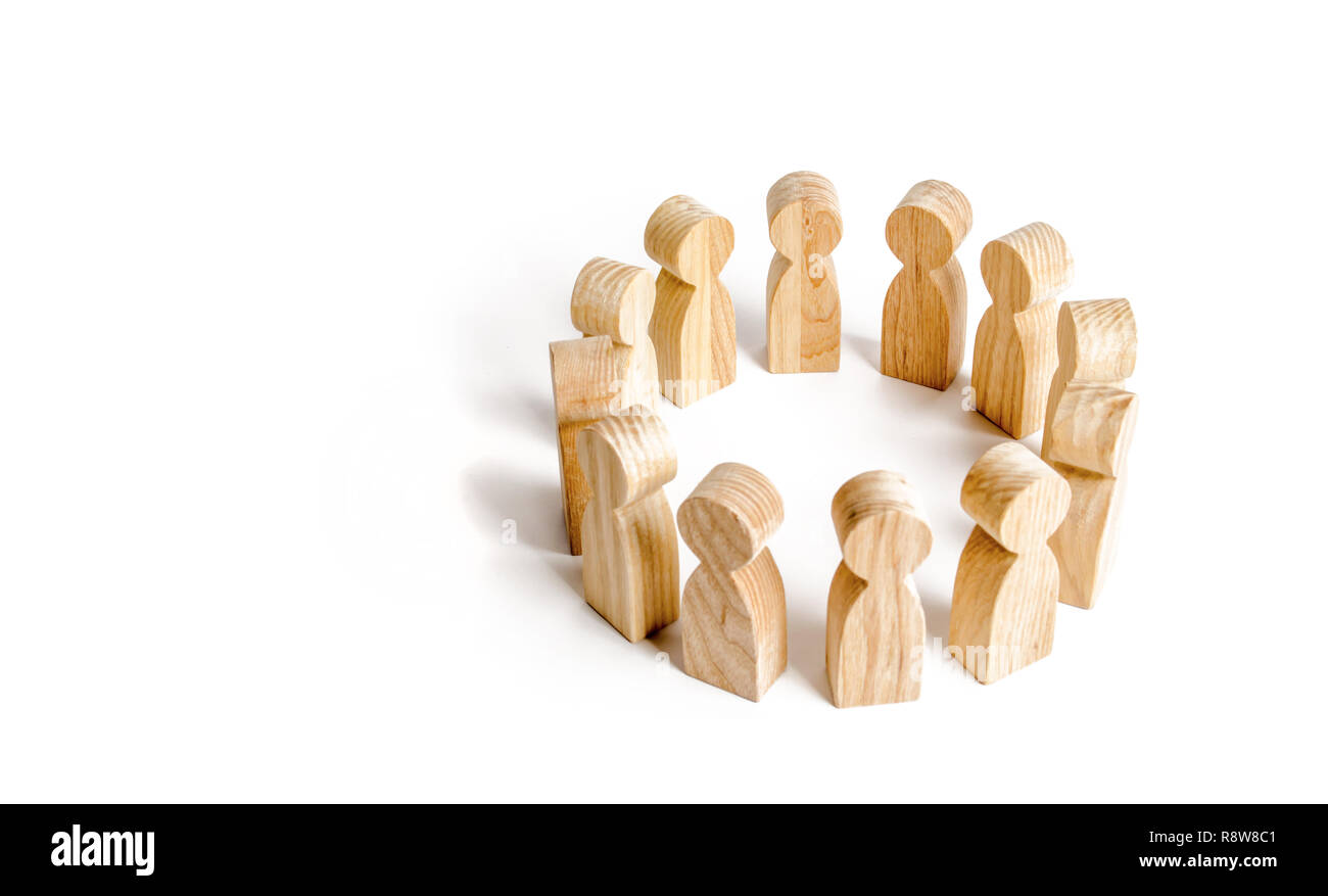 People stand in a circle on a white background. Communication. Business ...