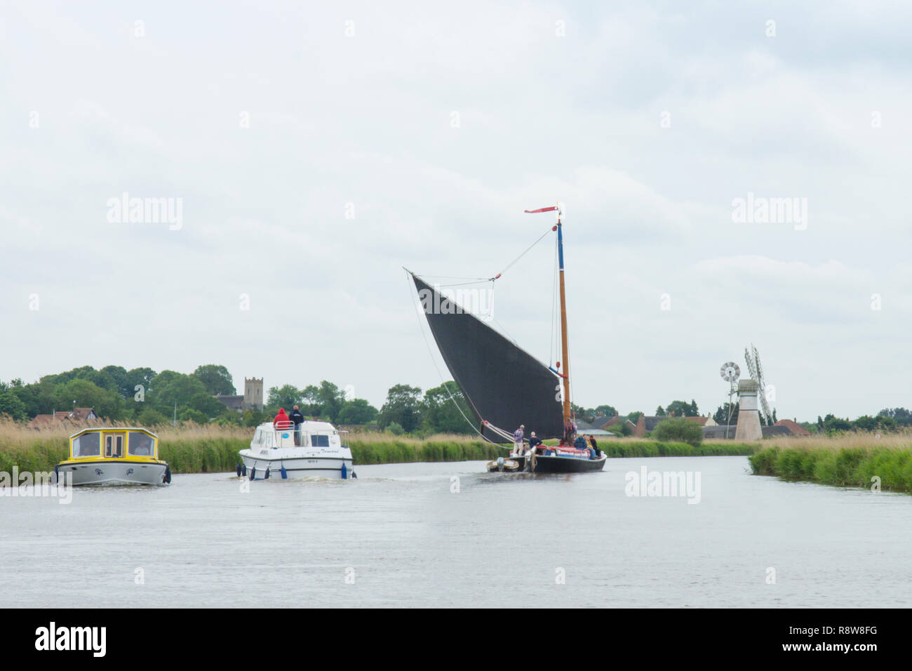 Wherry, traditional sailing boat on Norfolk Broads, River Thurne, in ...