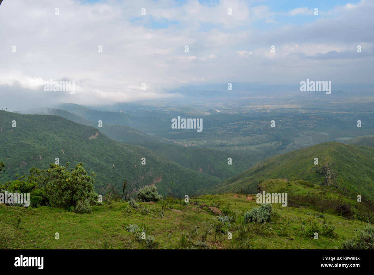 Mountain landscapes against a foggy background, Kijabe Hills in the ...