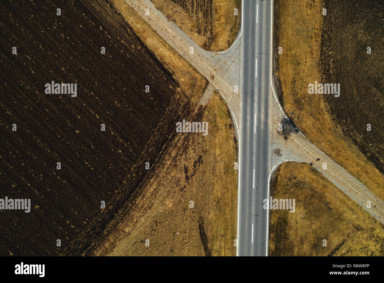 Aerial view of empty road through countryside landscape, abstract top ...