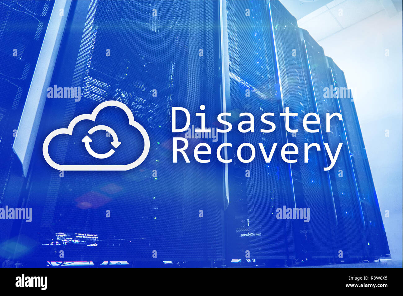 DIsaster recovery. Data loss prevention. Server room on background ...