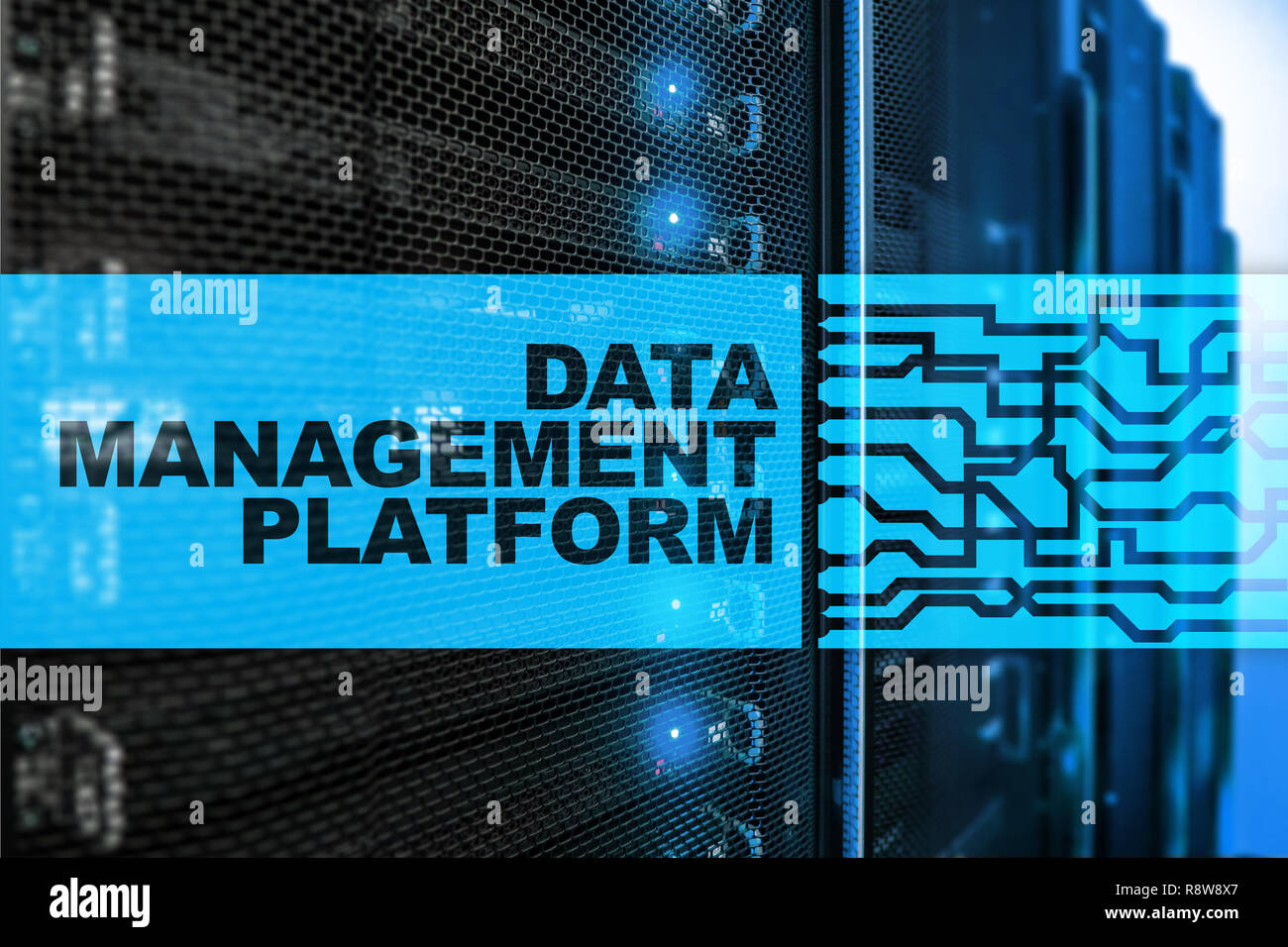 Data management and analysis platform concept on server room background ...