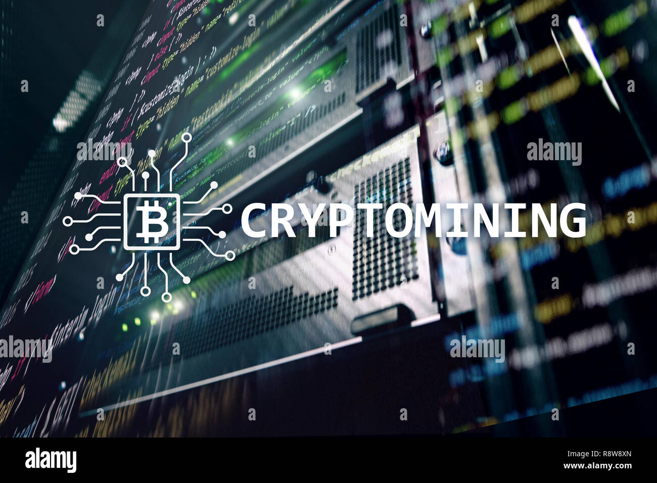 Cryptocurrency mining concept on server room background Stock Photo - Alamy