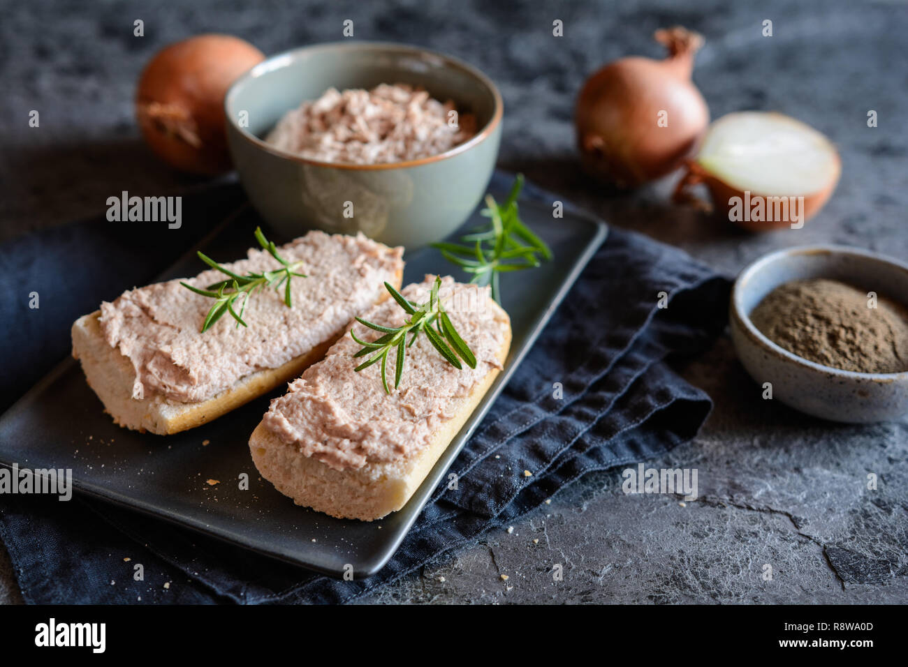 Delicious spread made of turkey meat, onion, cheese and mustard Stock ...