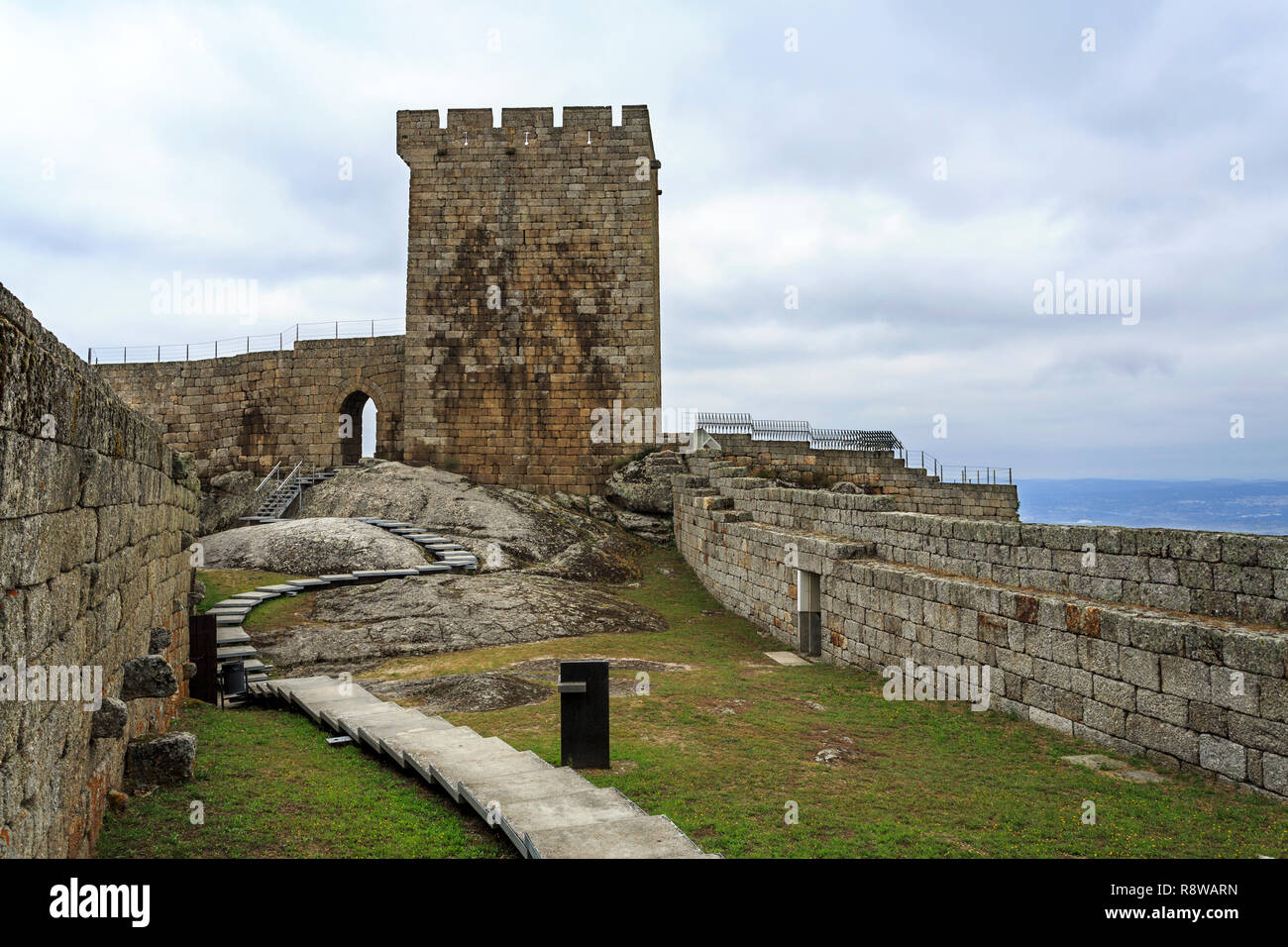 View from the clock tower to the keep tower of the medieval castle of ...
