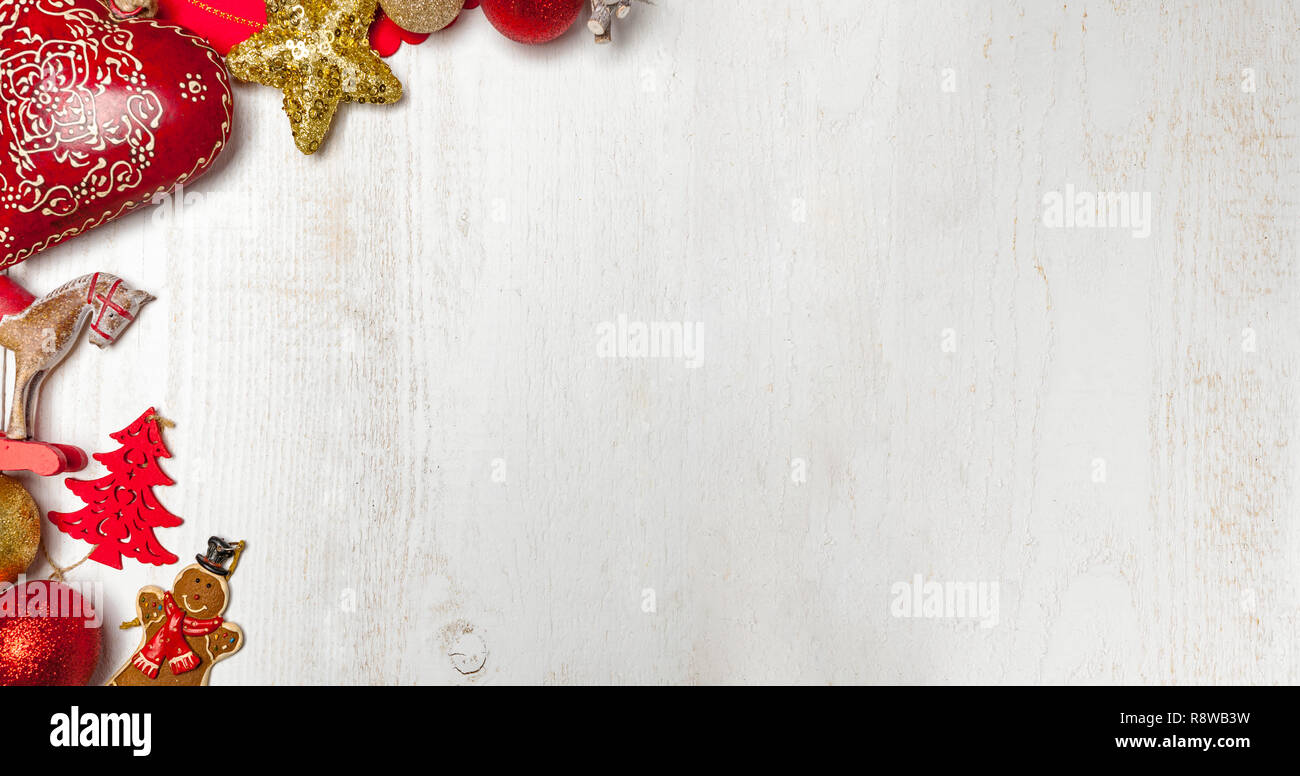 Christmas frame on rustic white wood background and decorative objects ...