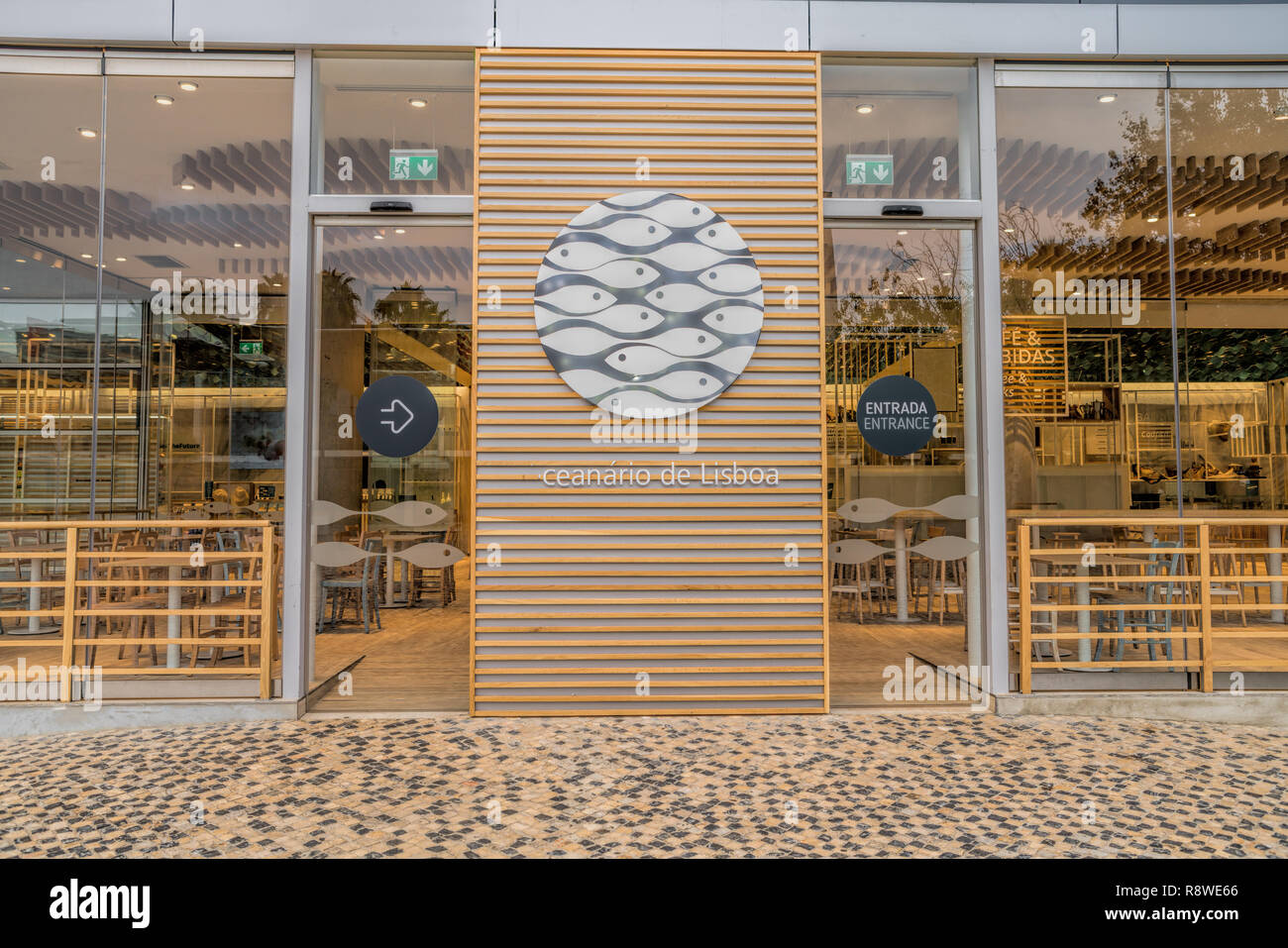 Logo on the facade of the Lisbon Oceanarium modern building, Portugal ...