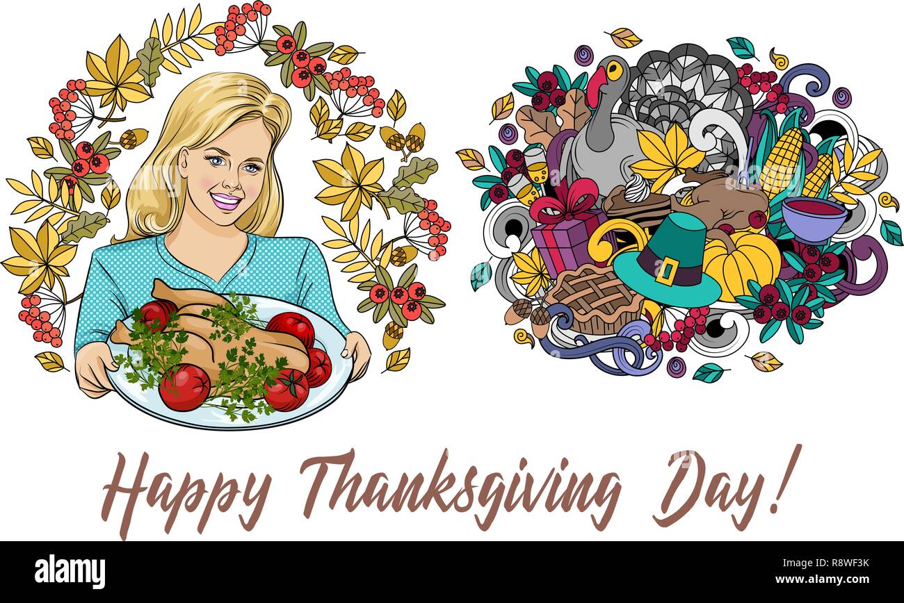 Set of cartoon vector hand drawn Doodle Thanksgiving illustration Stock ...