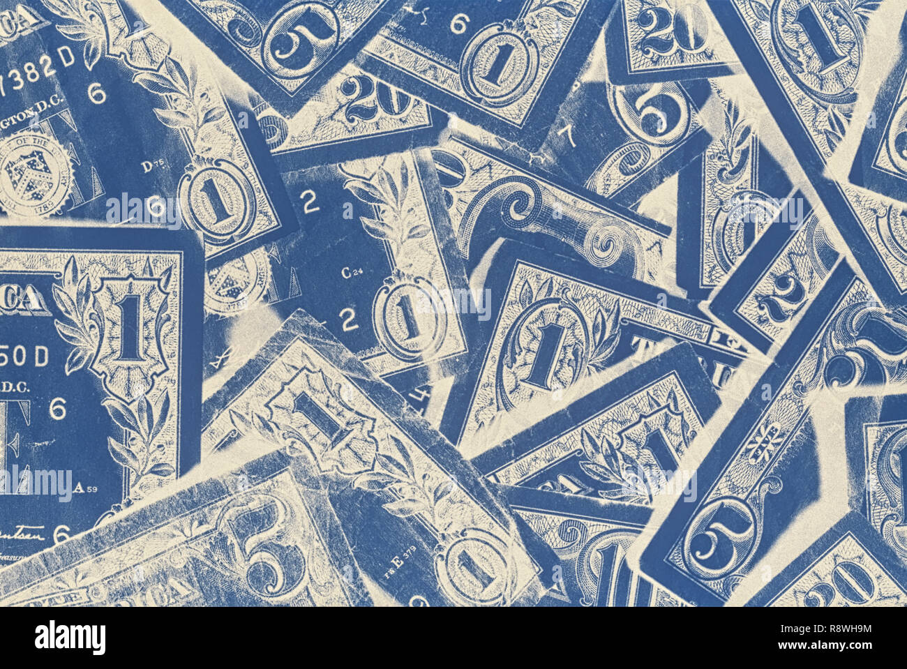 Closeup of money, paper currency and US Dollar bills in a monochromatic ...