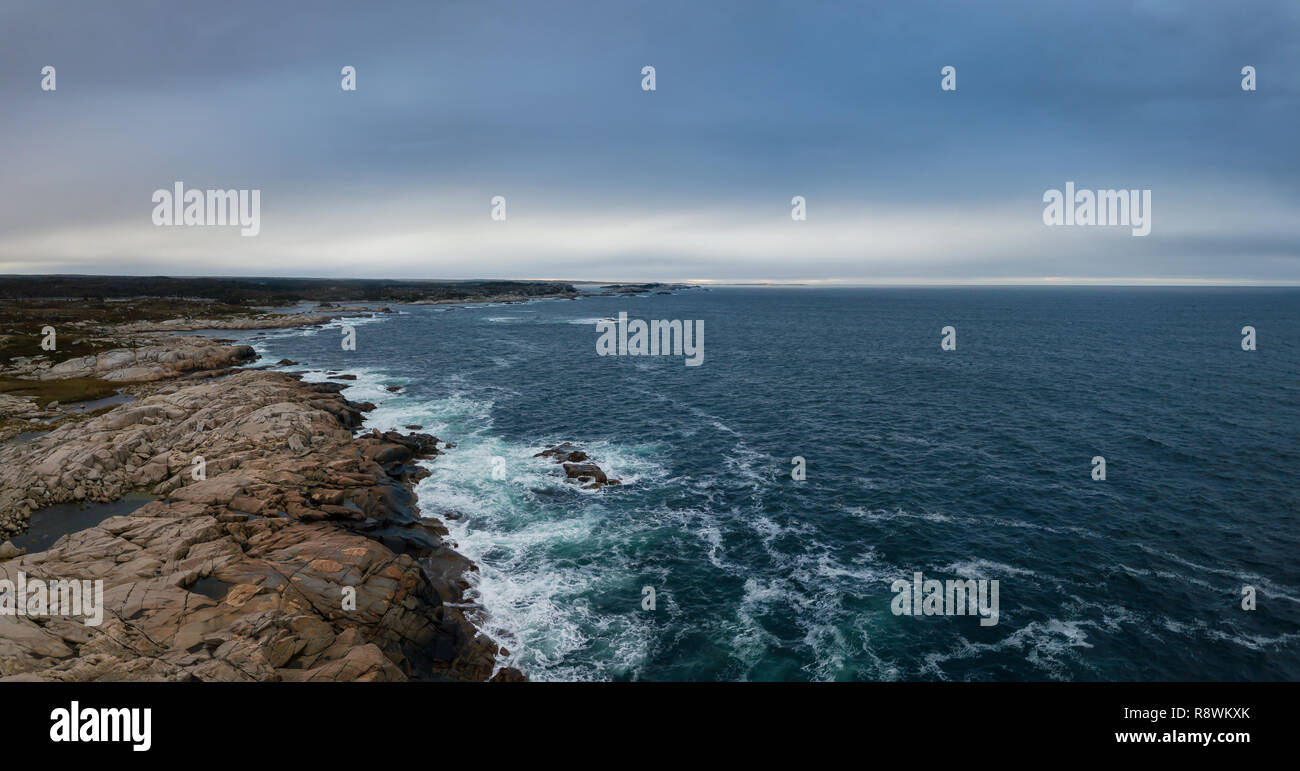 Aerial panoramic view of a rocky coast on the Atlantic Ocean. Taken in ...