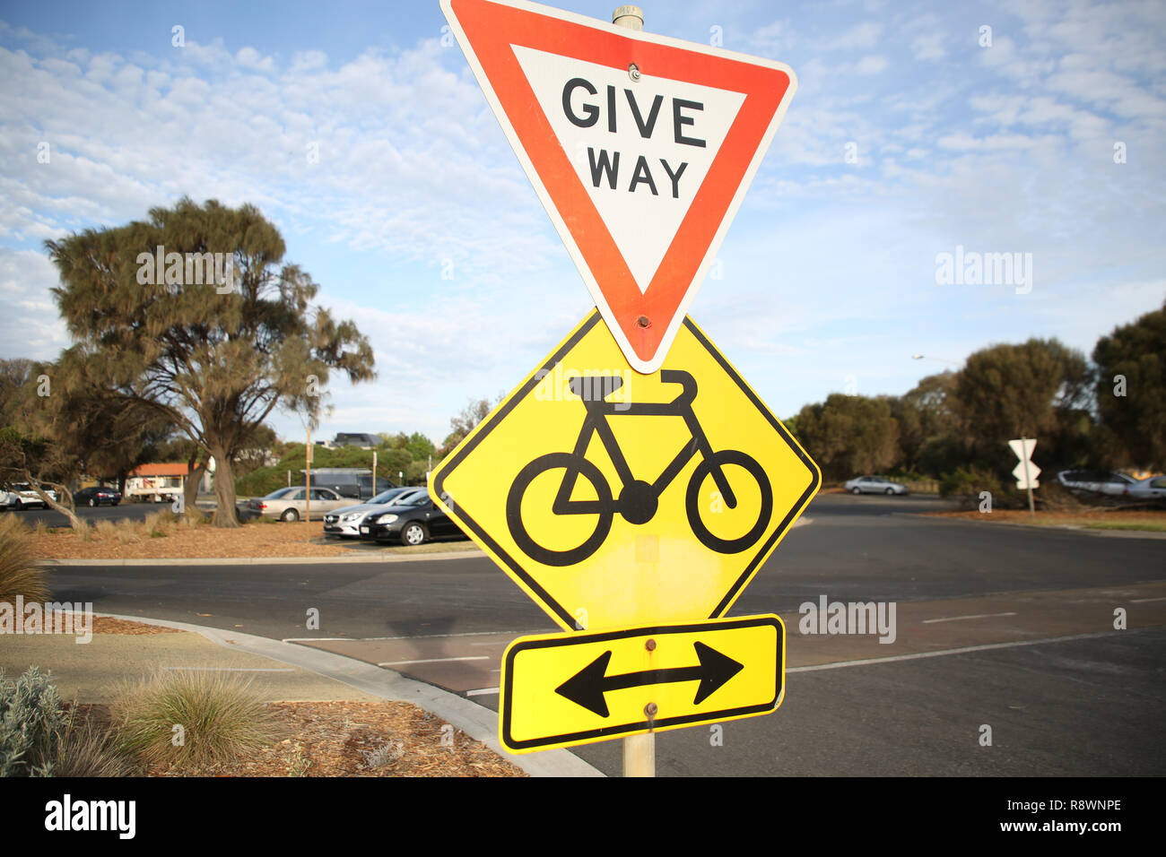 Give Way, Cyclists and Crossing Arrows Road signs near Elwood Beach on ...