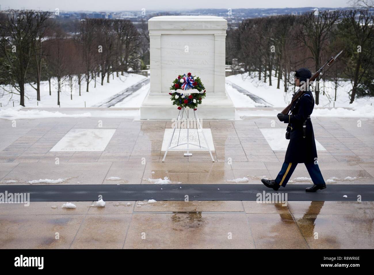 A Tomb Sentinel, 3d U.S. Infantry Regiment (The Old Guard), guards the ...