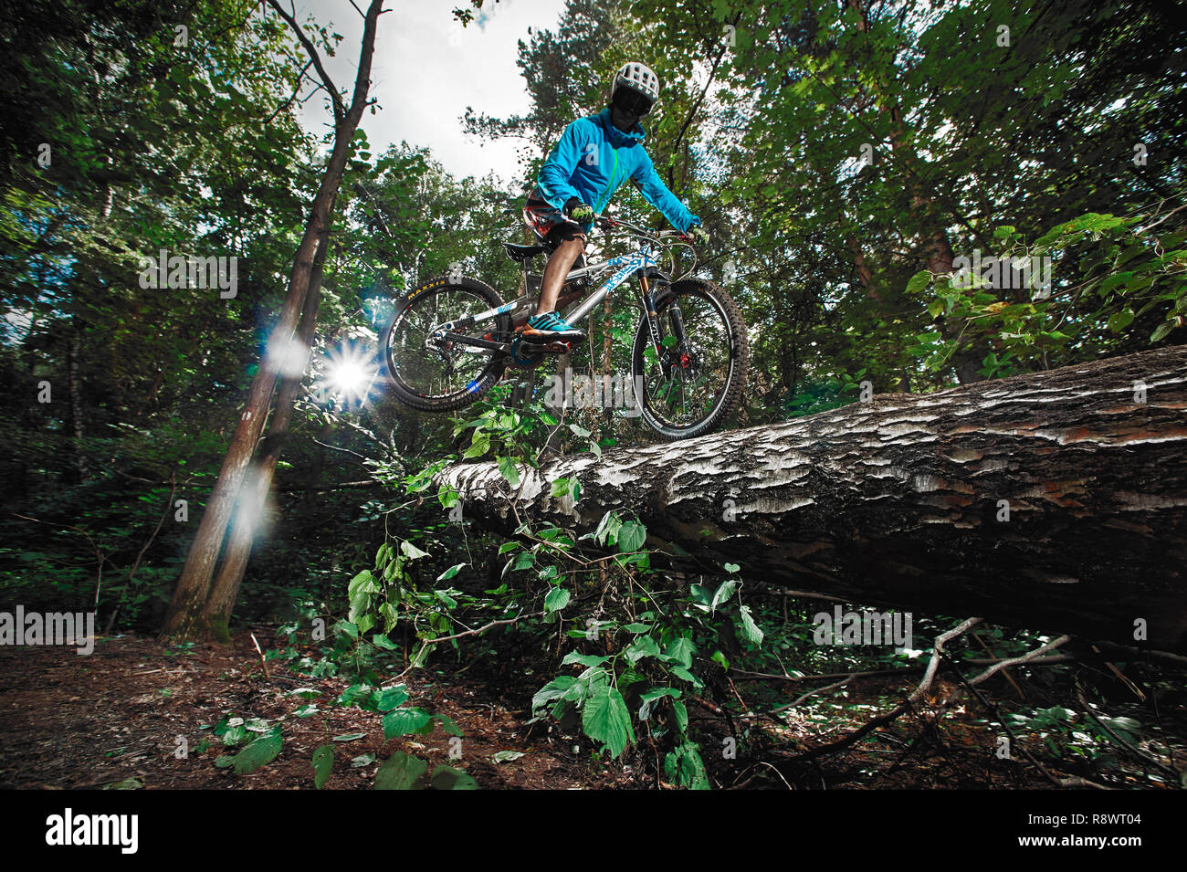 Moscow, Russia - August 18, 2017: Jump and fly on a mountain bike ...