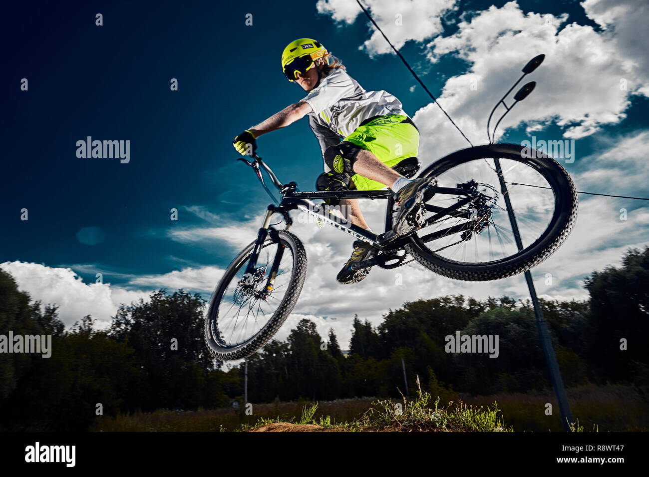 Moscow, Russia - August 18, 2017: Jump and fly on a mountain bike ...