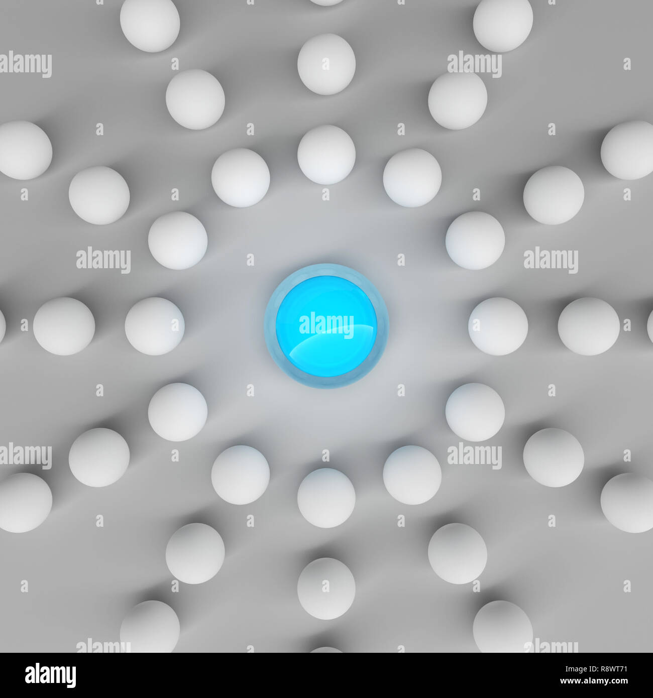 Blue red ball in the center of a group of white balls. Symbol for a ...