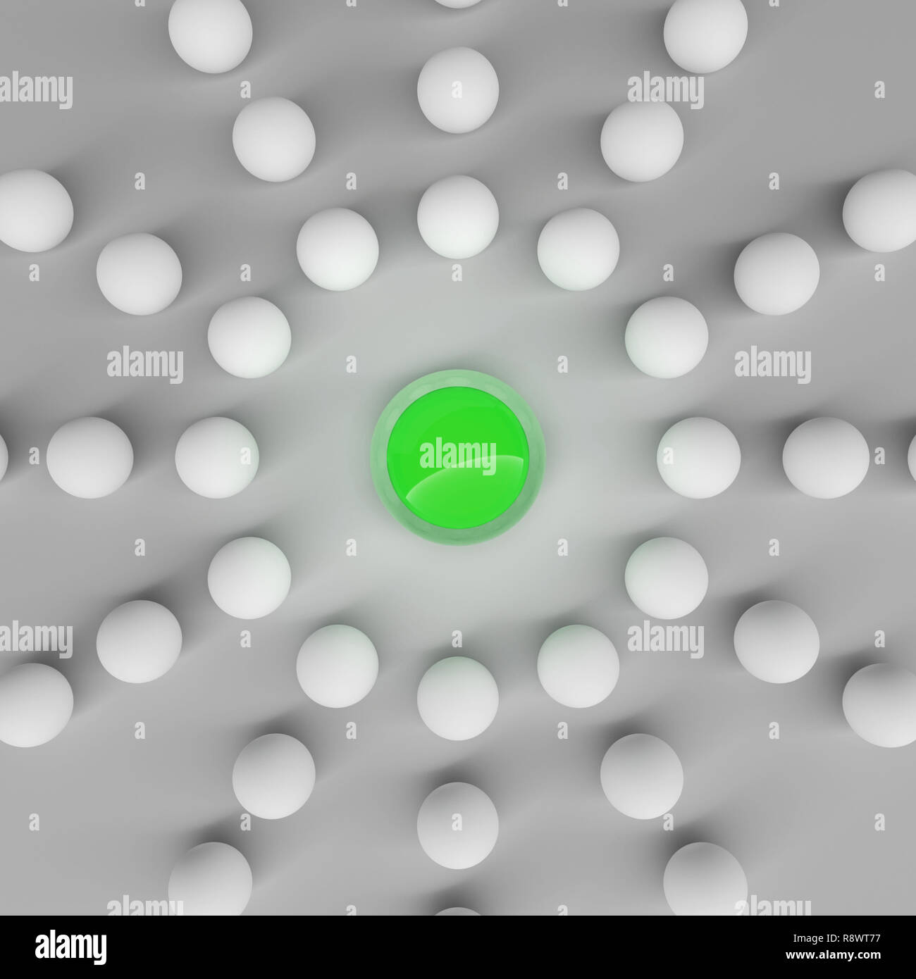 Green red ball in the center of a group of white balls. Symbol for a ...