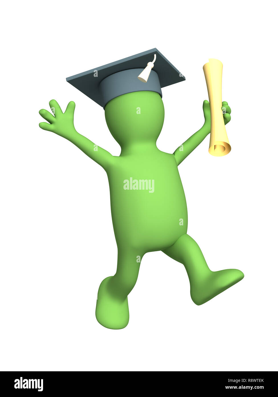 Happy 3d puppet with cap, the received diploma. Objects over white ...
