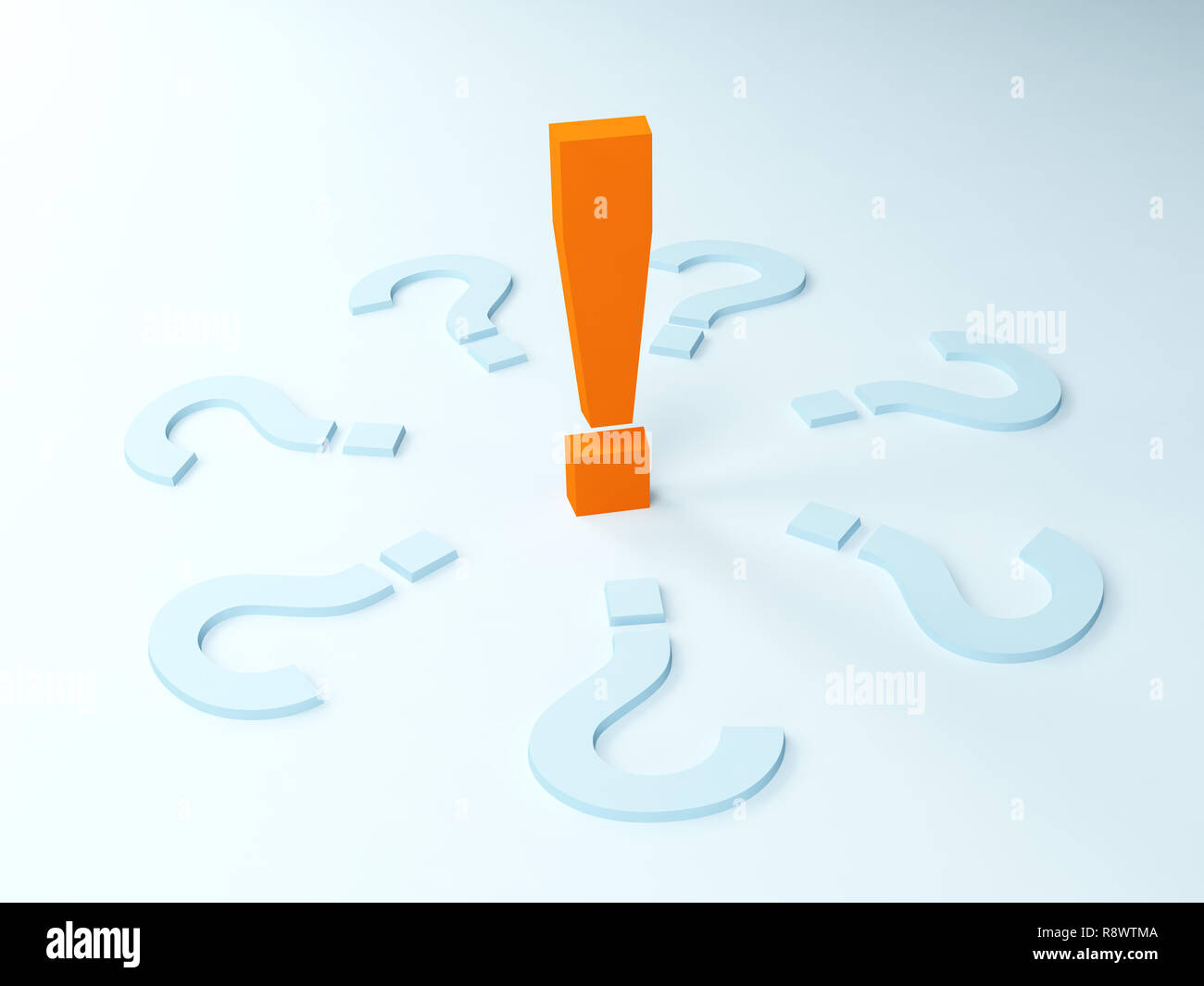 Bright orange exclamation mark among question marks Stock Photo - Alamy
