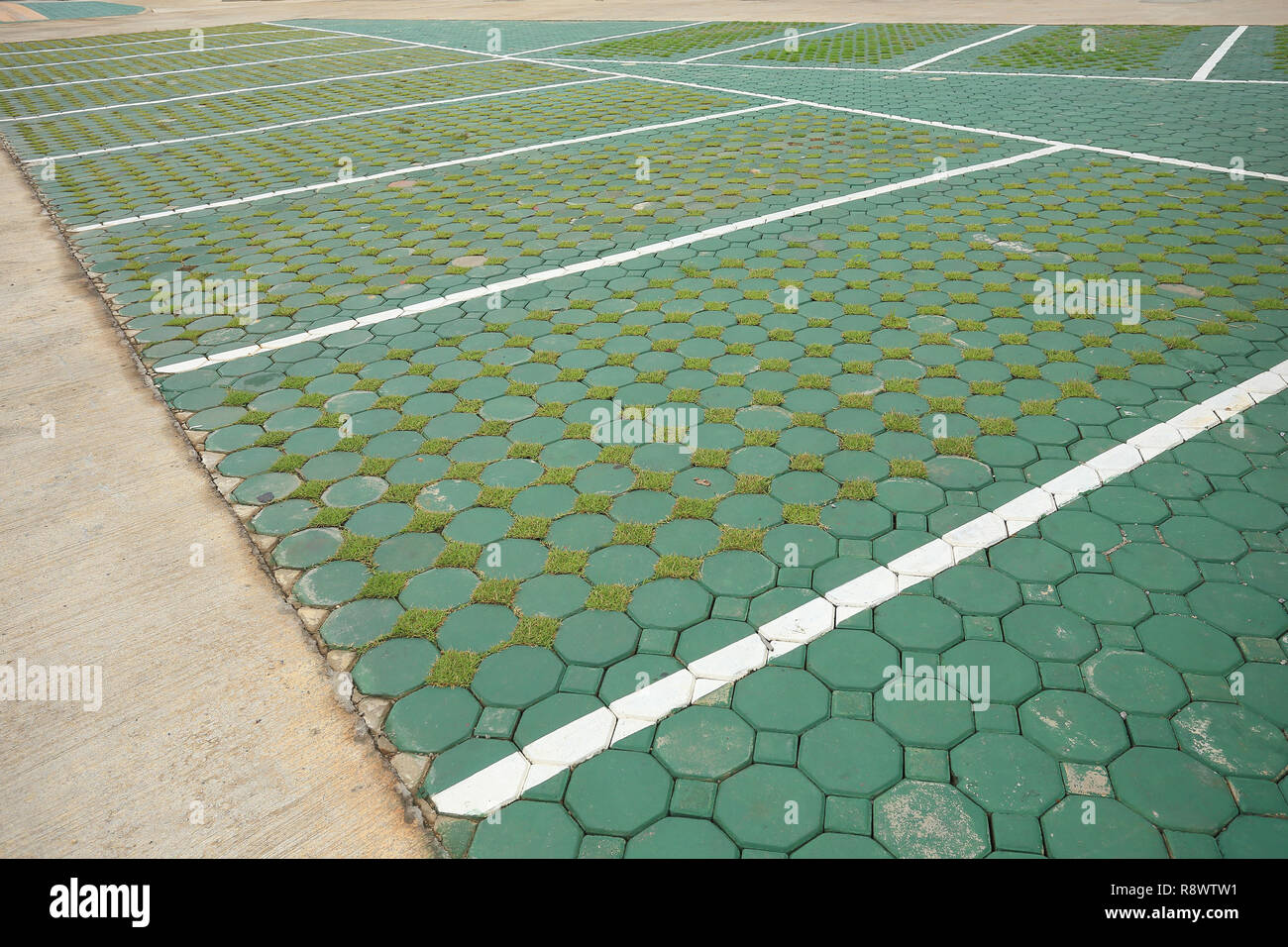 Empty space in car parking lot made from brick block and green grass ...