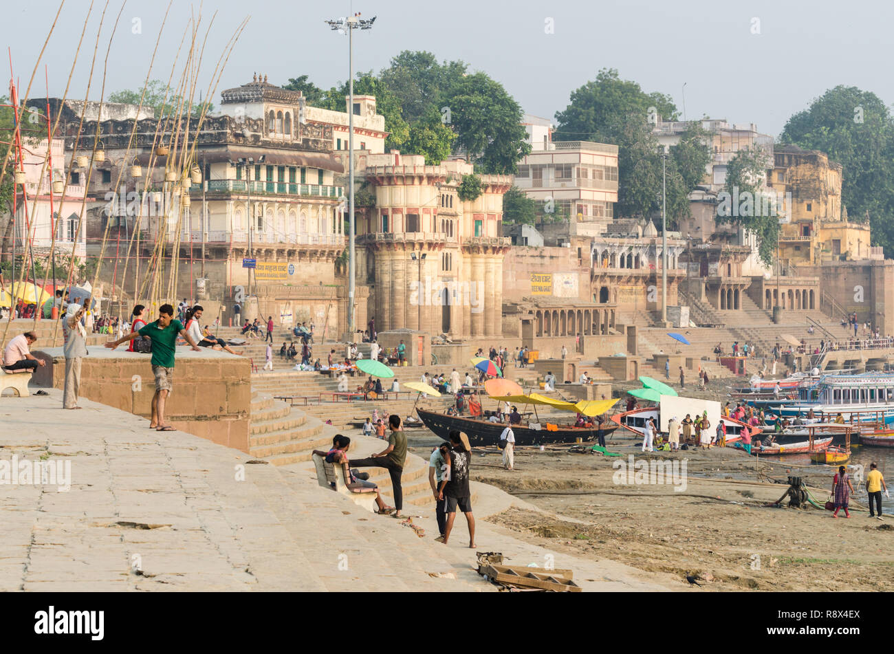 Ghats on the Ganges river bank, Varanasi, Uttar Pradesh, India Stock ...