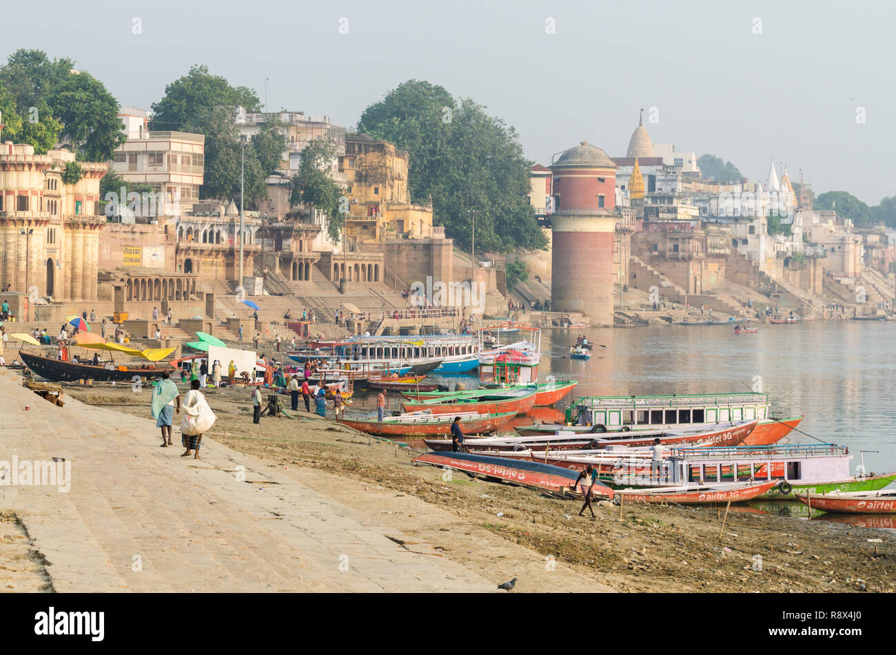 Ghats on the Ganges river bank, Varanasi, Uttar Pradesh, India Stock ...