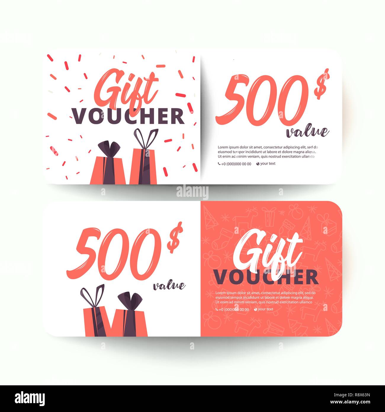 Gift voucher template with hearts and a gift box. 500 dollars Stock ...