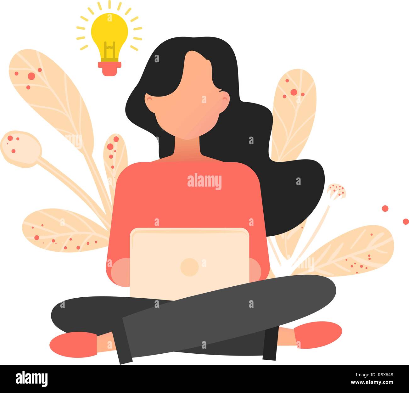 Young girl using computer, sitting legs crossed and coming up with ...