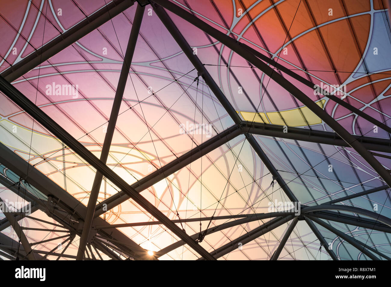 Colorful patterns on a glass roof of tram stop in Łódź, Poland Stock ...
