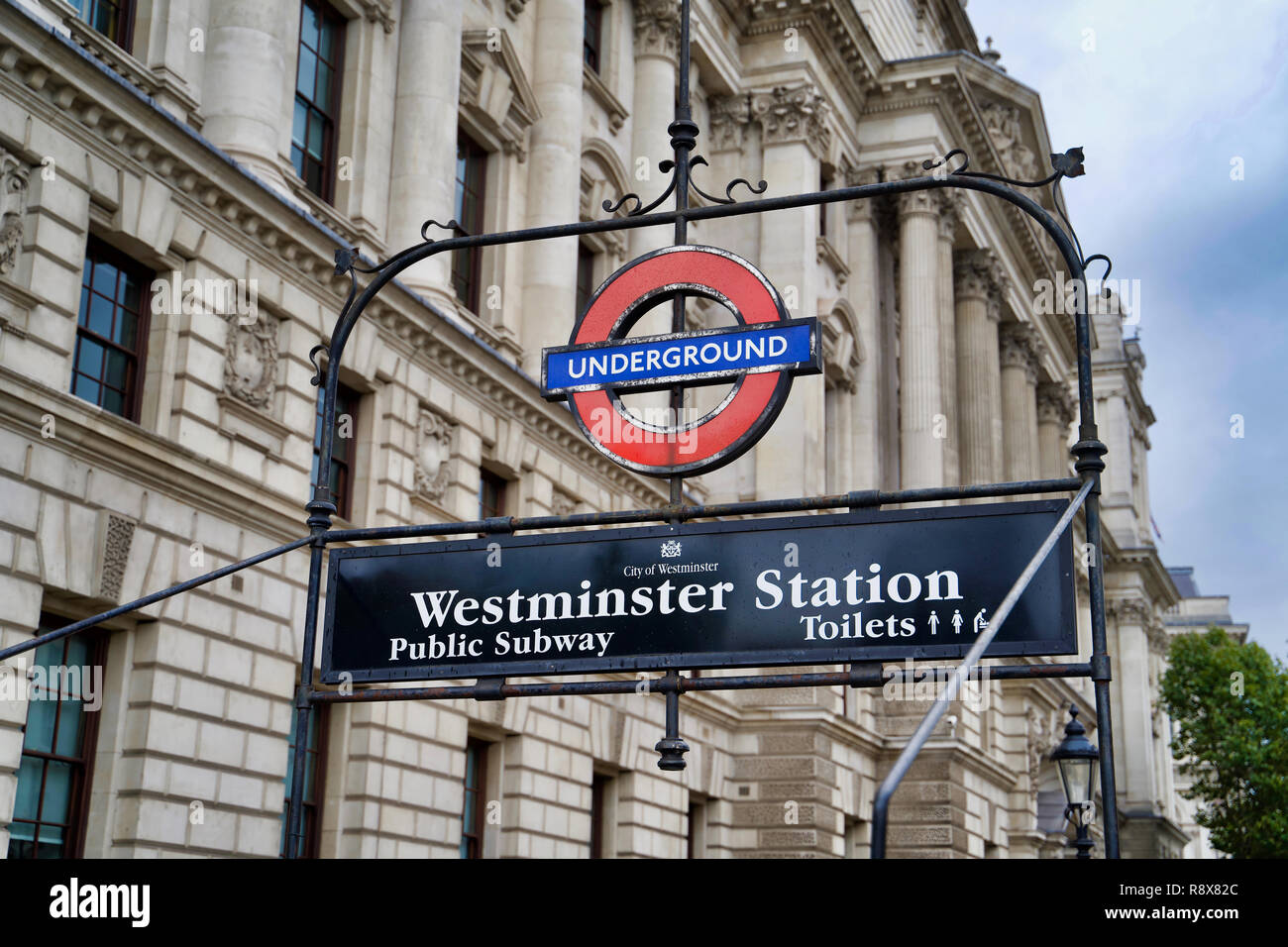 LONDON, UK - SEPTEMBER 8, 2018: Westminster metro station signpost ...