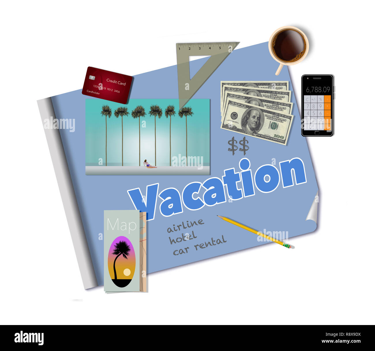 Vacation planning illustrated with a rolled out blueprint with travel ...