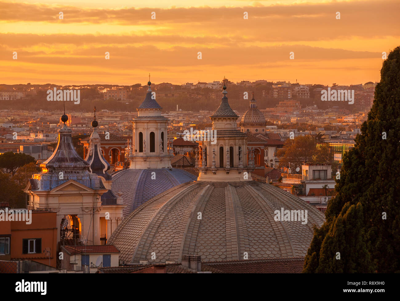 View of Rome historic center skyline with ancient domes and bell towers ...