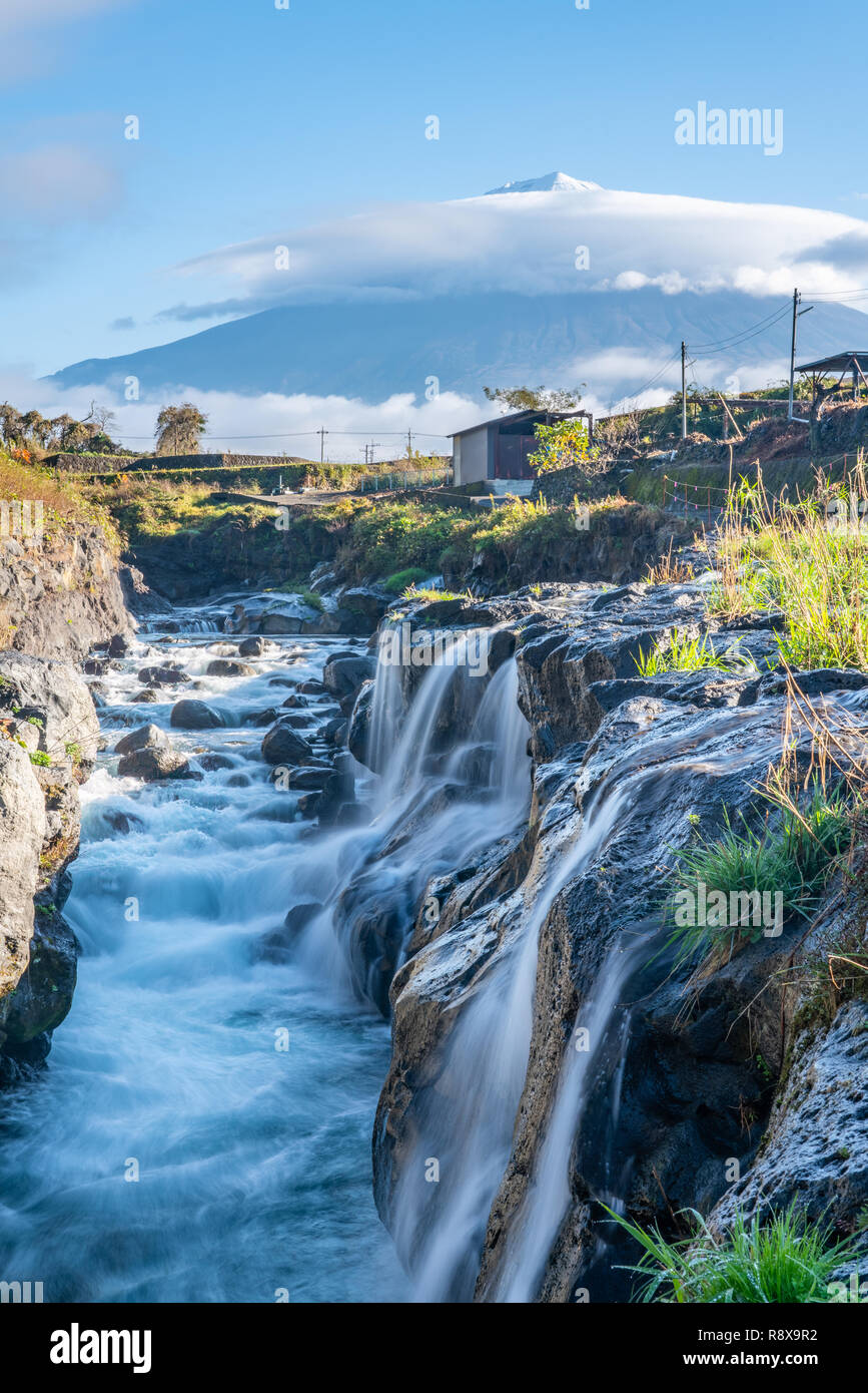 Beautiful Fuji san with a small waterfall in rural village in ...