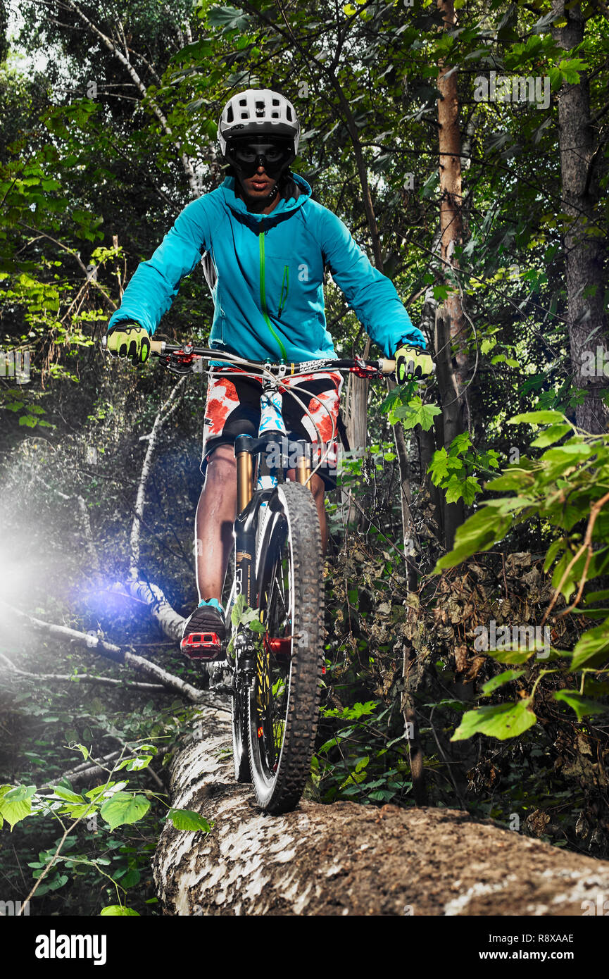 Moscow, Russia - August 20, 2017: Biker riding in forest. Mountain Bike ...