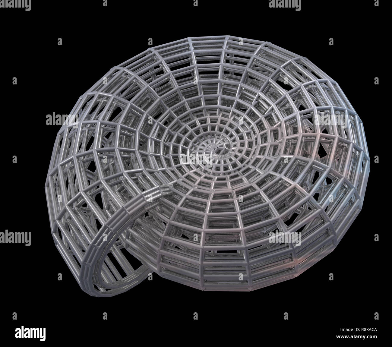 Abstract 3d spiral shell from a steel grid. Objects over black Stock ...